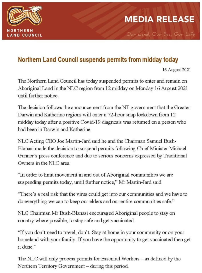 Media Release NLC - COVID | West Daly Regional Council